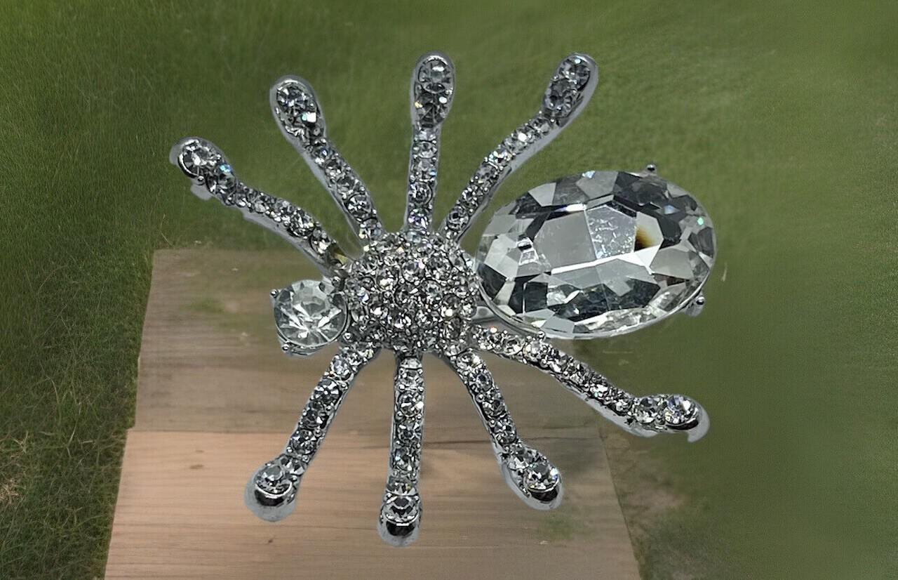 Vintage Large Clear Rhinestone SPIDER Silvertone Broo… - Gem