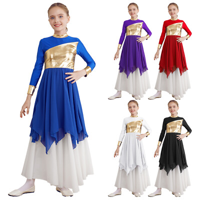 Girls Long Sleeve Praise Dance Dresses Full Length Lyrical Dancewear ...