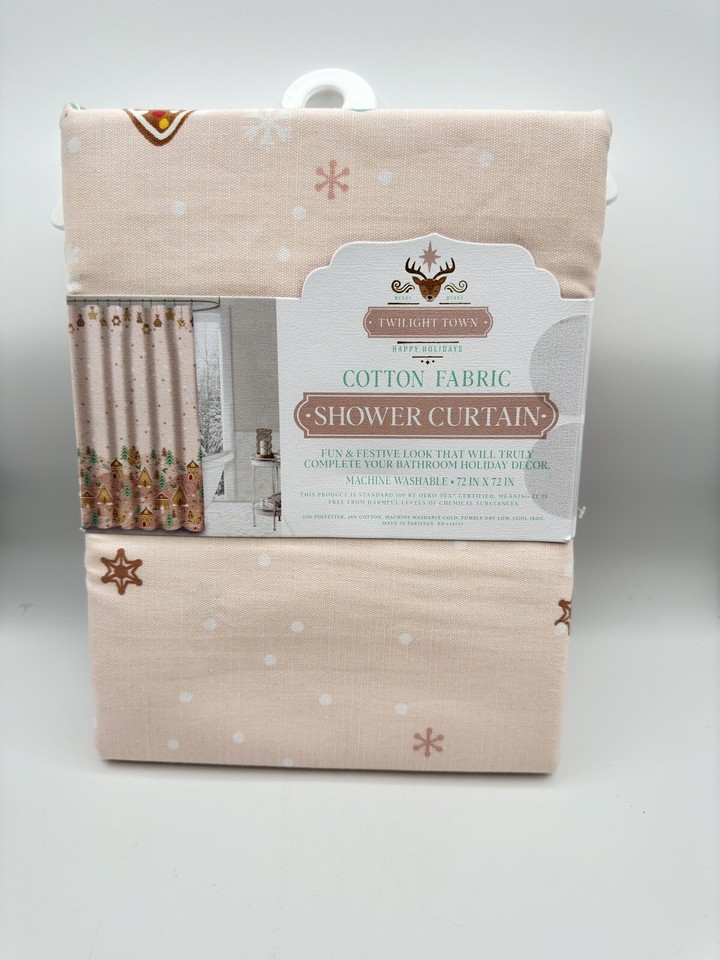 Twilight Town Gingerbread Village Shower Curtain Christmas Pink Holiday ...
