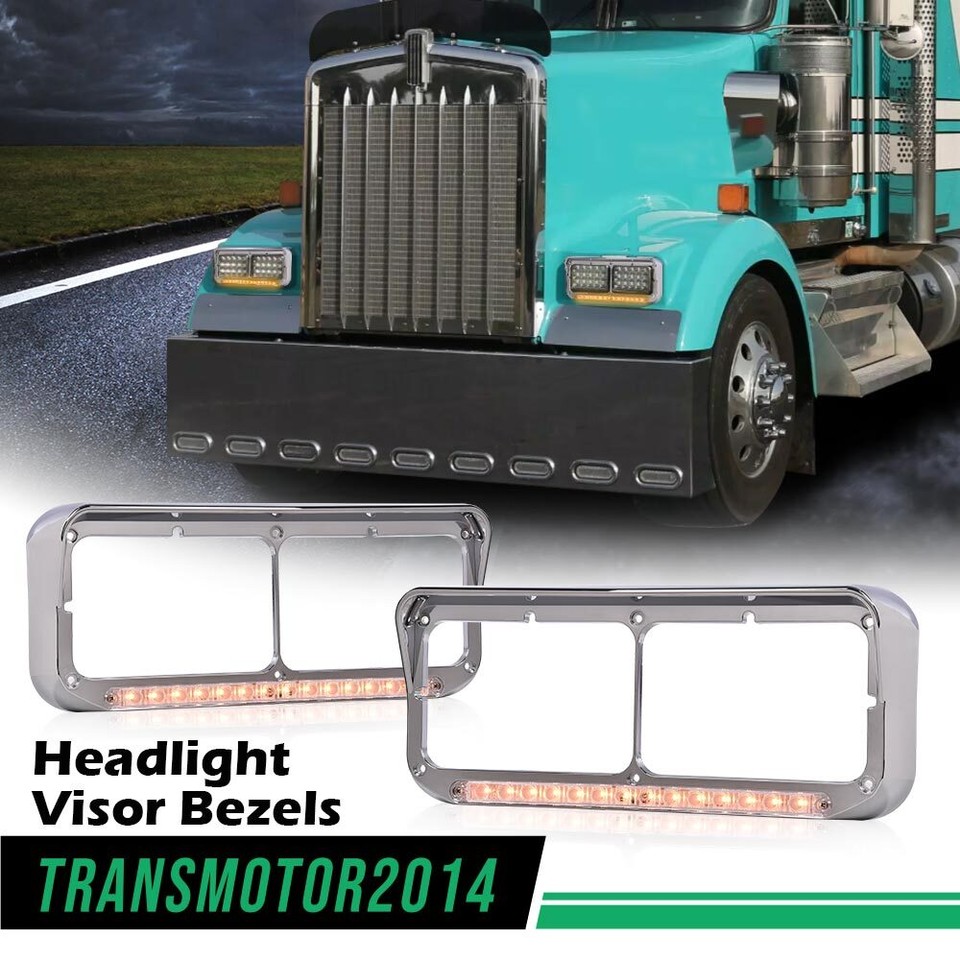 4x6 Chrome Headlight Headlamp Visor Bezels w/ Amber LED Bar - Clear ...