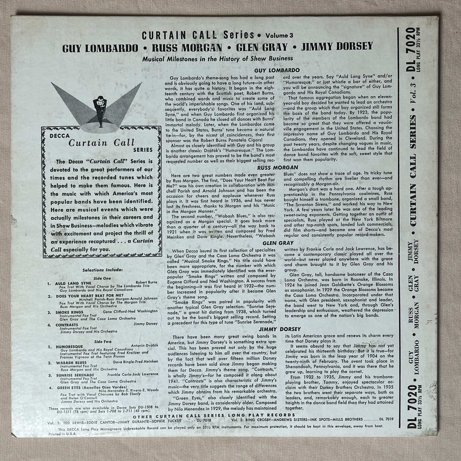 VARIOUS Curtain Call Series Vol. 3 1952 Vinyl 10" LP Decca DL 7020 ...