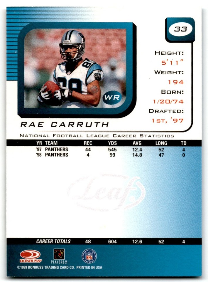 1999 Leaf Rookies & Stars Rae Carruth #33 Carolina Panthers | eBay