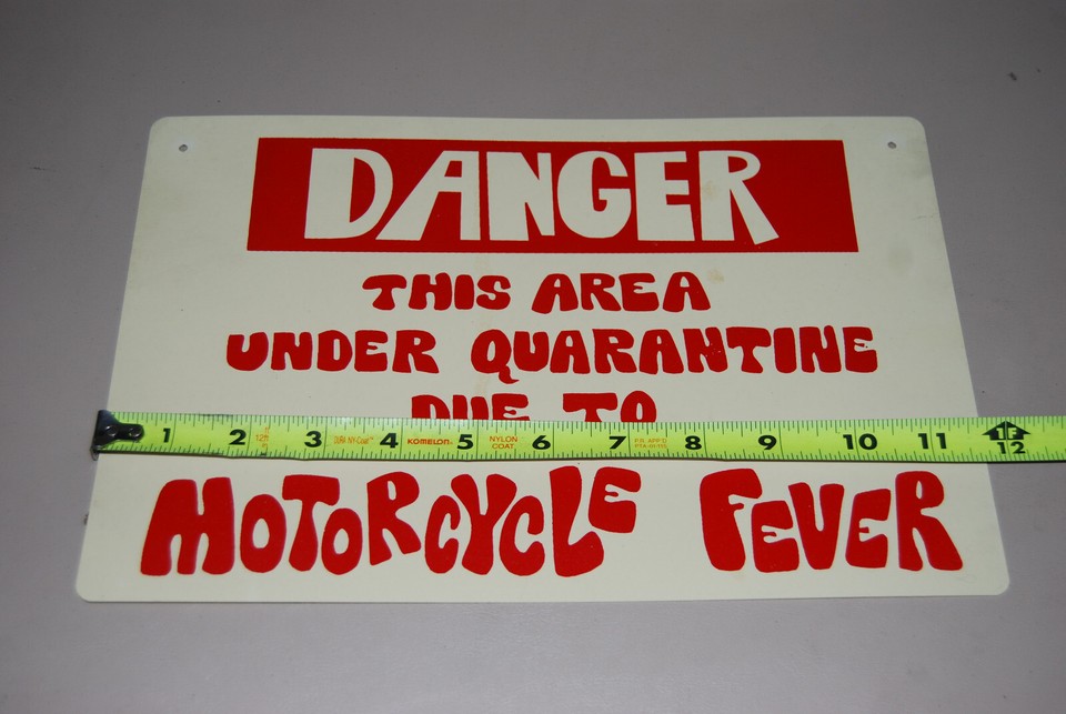 Vintage Plastic Danger Motorcycle Fever sign 12X8" Harley Indian Yamaha ...