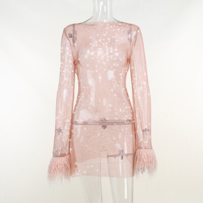 Women See Through Mesh Mini Dress Shiny Fur Fringed Full Sleeve Club ...