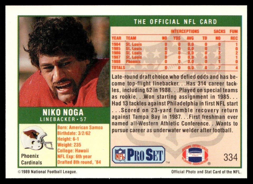 1989 Pro Set Niko Noga Rookie Phoenix Cardinals #334 | eBay