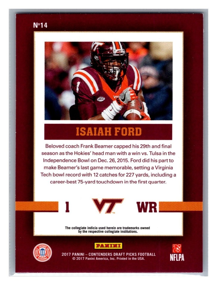 2017 Panini Contenders Draft Picks #14 Isaiah Ford School Colors | eBay
