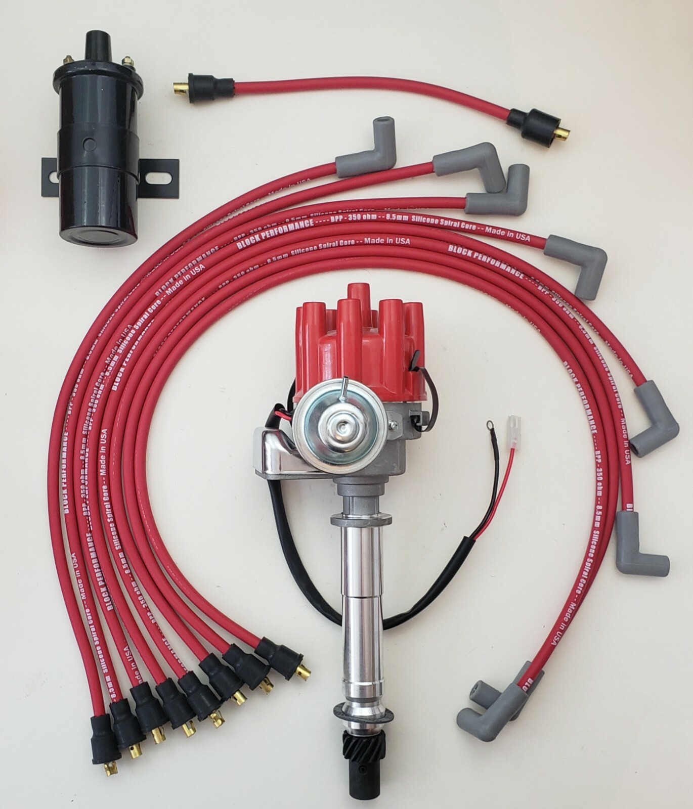 CHEVY 350 SMALL RED FEMALE CAP HEI DISTRIBUTOR + BLACK COIL+ 8.5mm ...