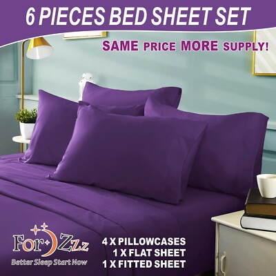 Perca 2200TC 6 Piece Flat Fitted Pillowcase Sheet Set Single/KS/D/Queen ...