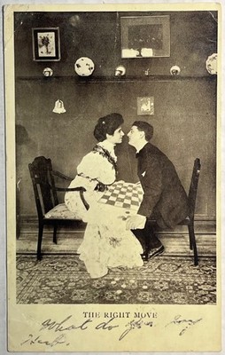 Antique Postcard 1907 Edwardian Era Romantic Couple Scene Checkers RPPC ...