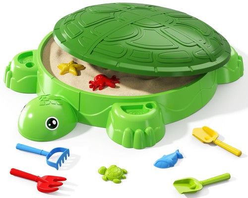 Turtle Sandbox with Lid, Sand Box with Cover incl 8 Sand Toys, Sensory ...