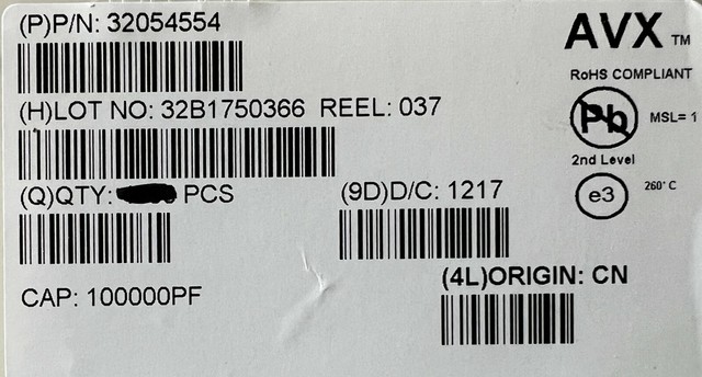 475 Pcs 08055C104KAT2A AVX Capacitor 0.1 UF 10 50v X7r 0805 MLCC SMD ...