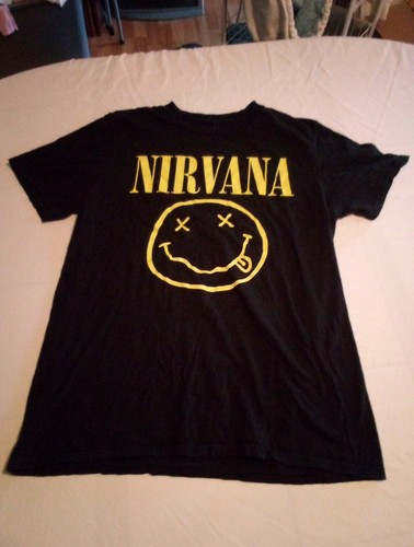 Nirvana Smiley T-Shirt Adult Size Medium Black Yellow Band Tour Rock | eBay