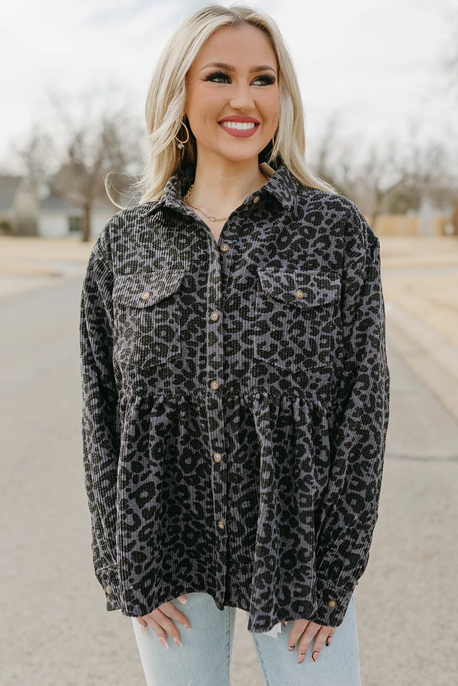 Women Leopard Corduroy Ruffled Shacket | eBay