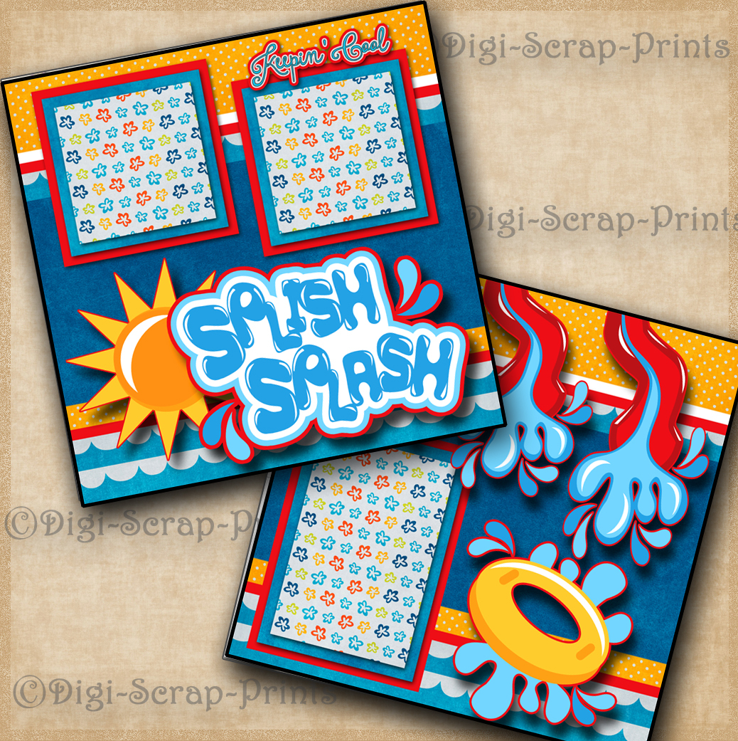 SPLISH SPLASH ~ water slide park 2 premade scrapbook pages POOL paper ...