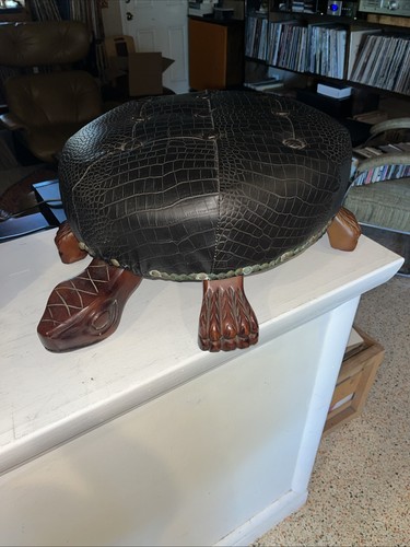 Large Black Brown Walnut Wood Finish Turtle Leather Ottoman Foot Stool ...