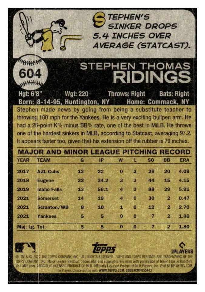 Stephen Ridings RC 2022 Topps Heritage High Number #604 ROOKIE MLB Yank ...