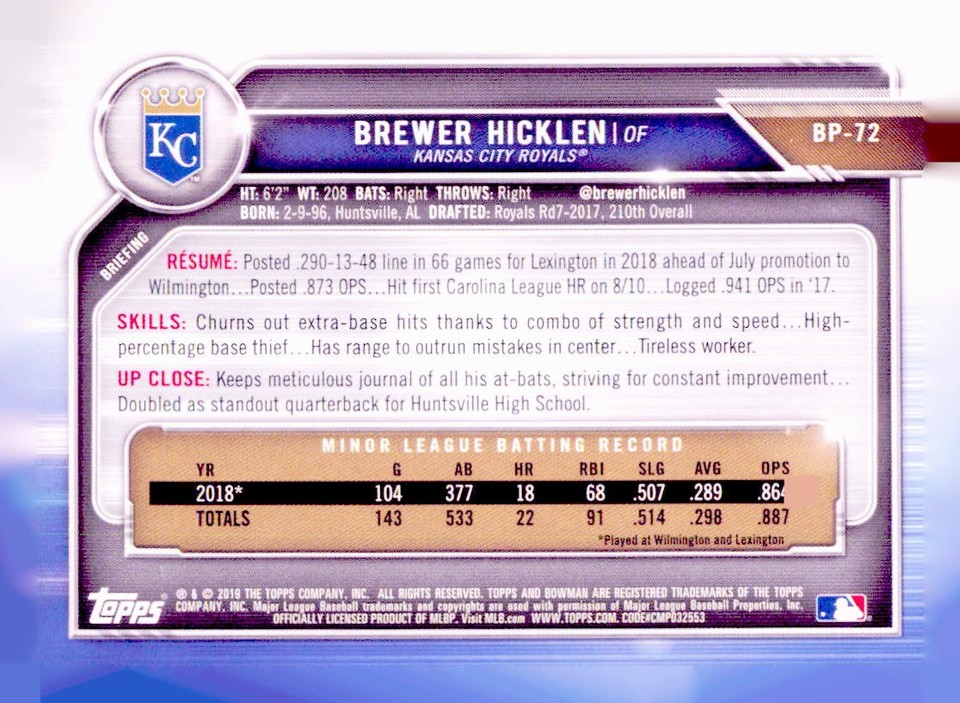 2019 Bowman #BP-72 Brewer Hicklen Prospects | eBay