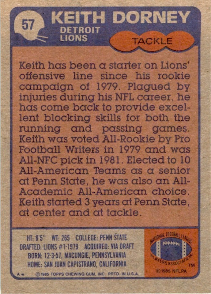 1985 TOPPS; KEITH DORNEY DETROIT LIONS #57 | eBay