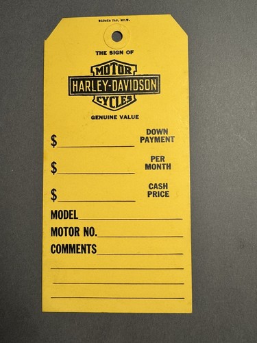 1950s Harley-Davidson New Old Stock Sales Tag - Vintage Motorcycle ...