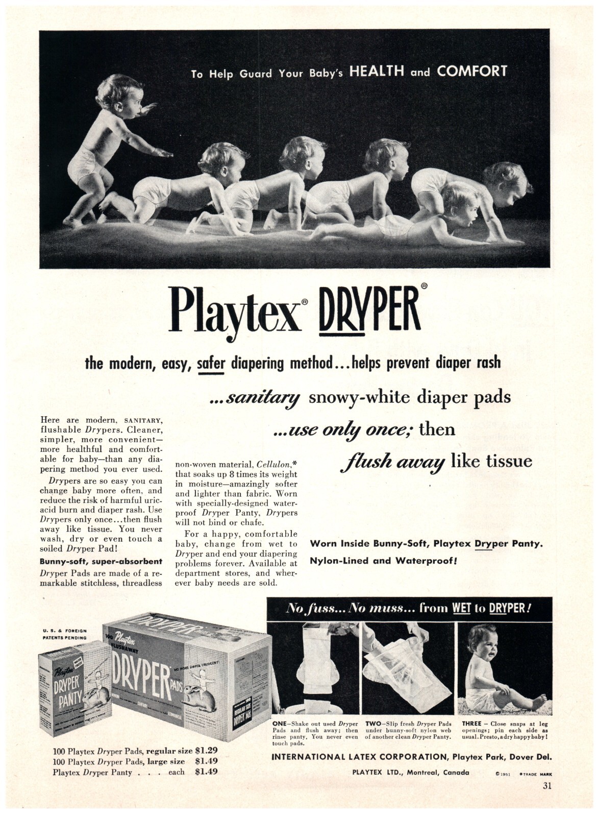 1951 Playtex Print Ad, Dryper Pads Panty Diaper Method Crawling Baby No ...