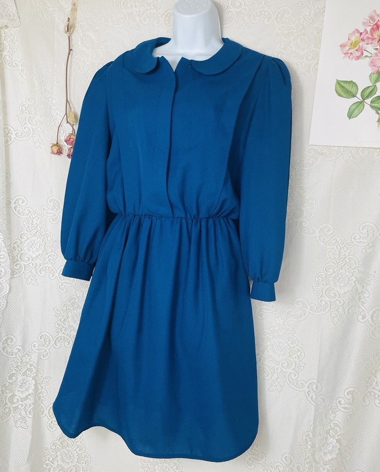 vtg Teal Blue Secretary Dress SABINO sz 14 Peter Pan Collar Modest 80s ...