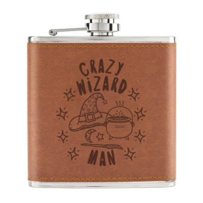 Crazy Wizard Man Stars 6oz PU Leather Hip Flask Tan Funny Joke Magical ...
