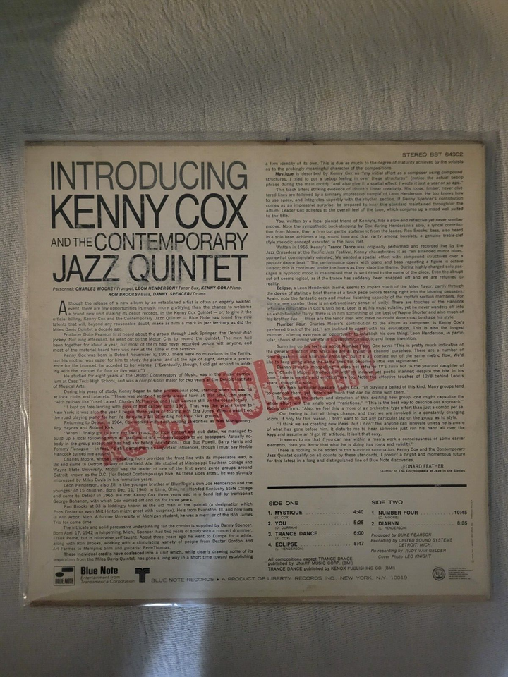 Kenny Cox Jazz Quintet - Introducing Kenny.Rare Audition Copy.Blue Note ...