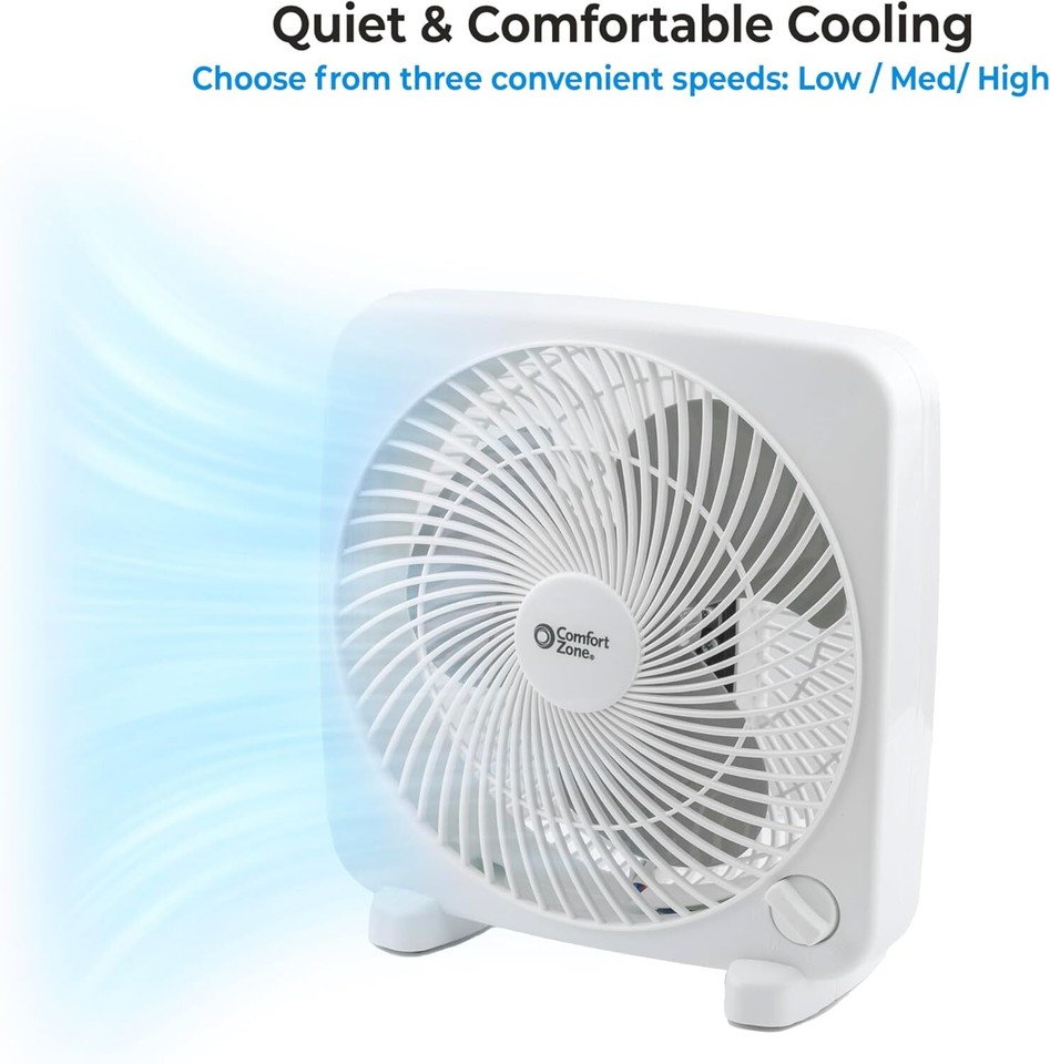 Comfort Zone Box Fan, 9 inch, Portable, Electric Quiet, 3 Speed, Small ...