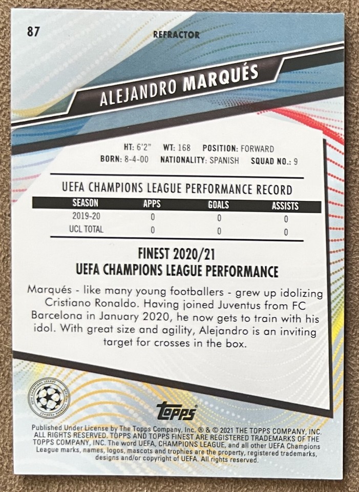 Alejandro Marques 2020-21 Finest UEFA Champions League Refractor Rookie ...