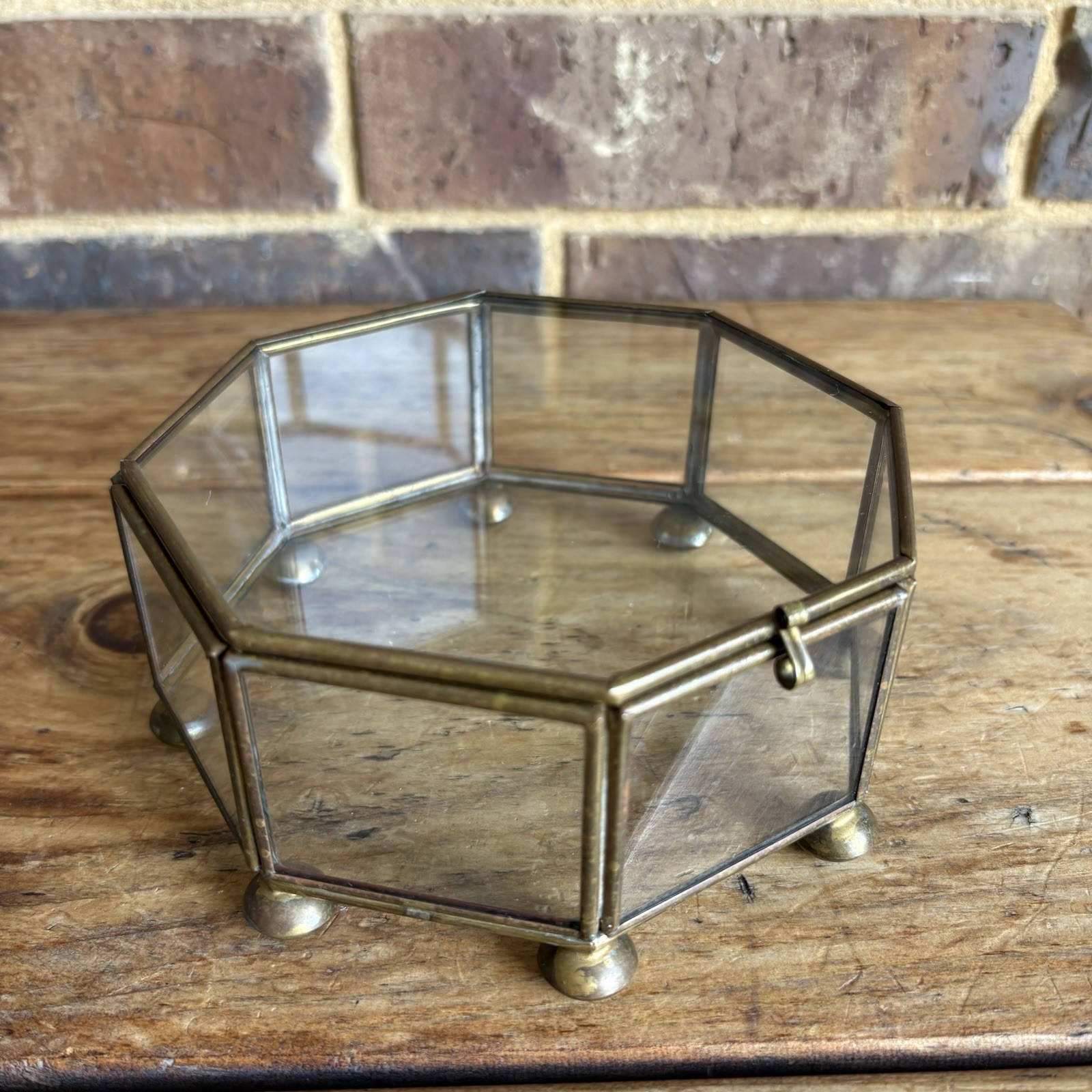 Vtg Jewelry Trinket Box Casket Glass Brass Eight Sided Octagon MCM ...