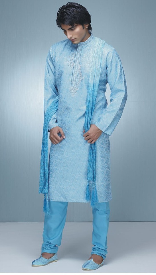 Men's Embroidered Indian Pakistani Jacquard Kurta Pyjama and Scarf Suit ...
