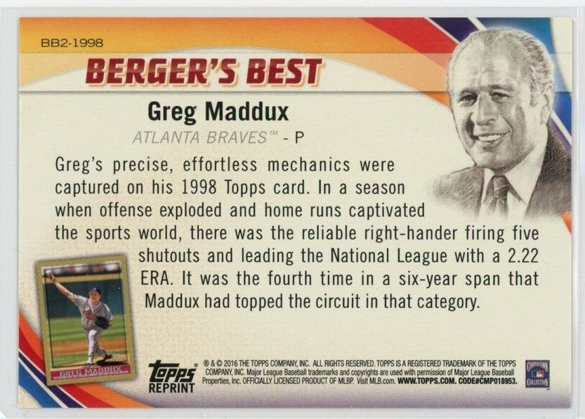 2016 Topps Series 2 Baseball Berger's Best Greg Maddux Reprint #BB2 ...