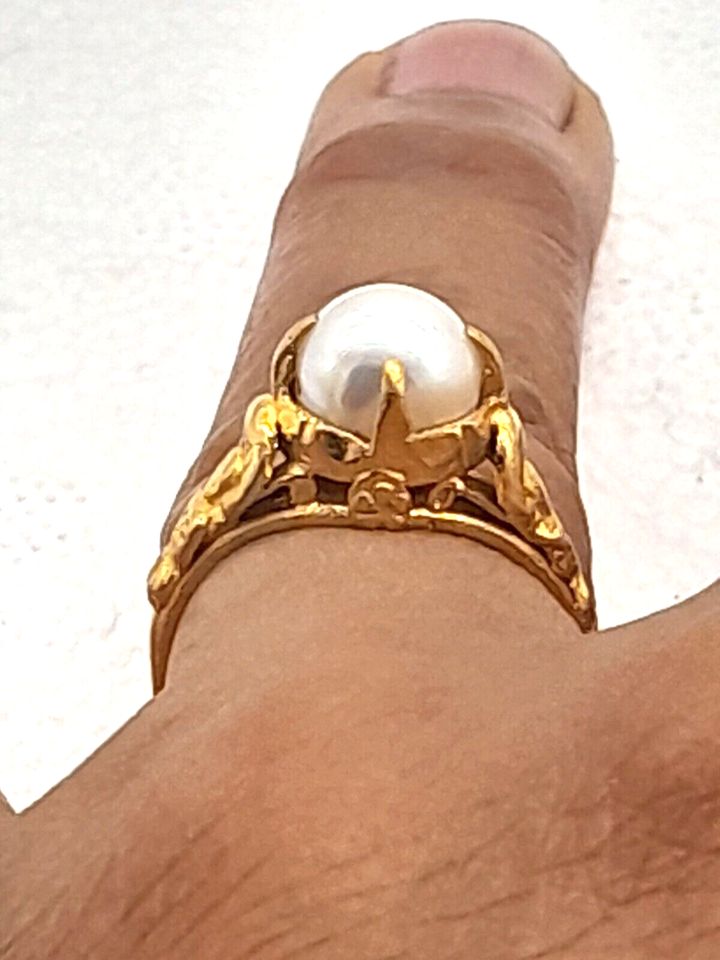 Vintage Stunning Solid 24k gold 8 mm Akoya Pearl claw bezel ring 6.4 g ...