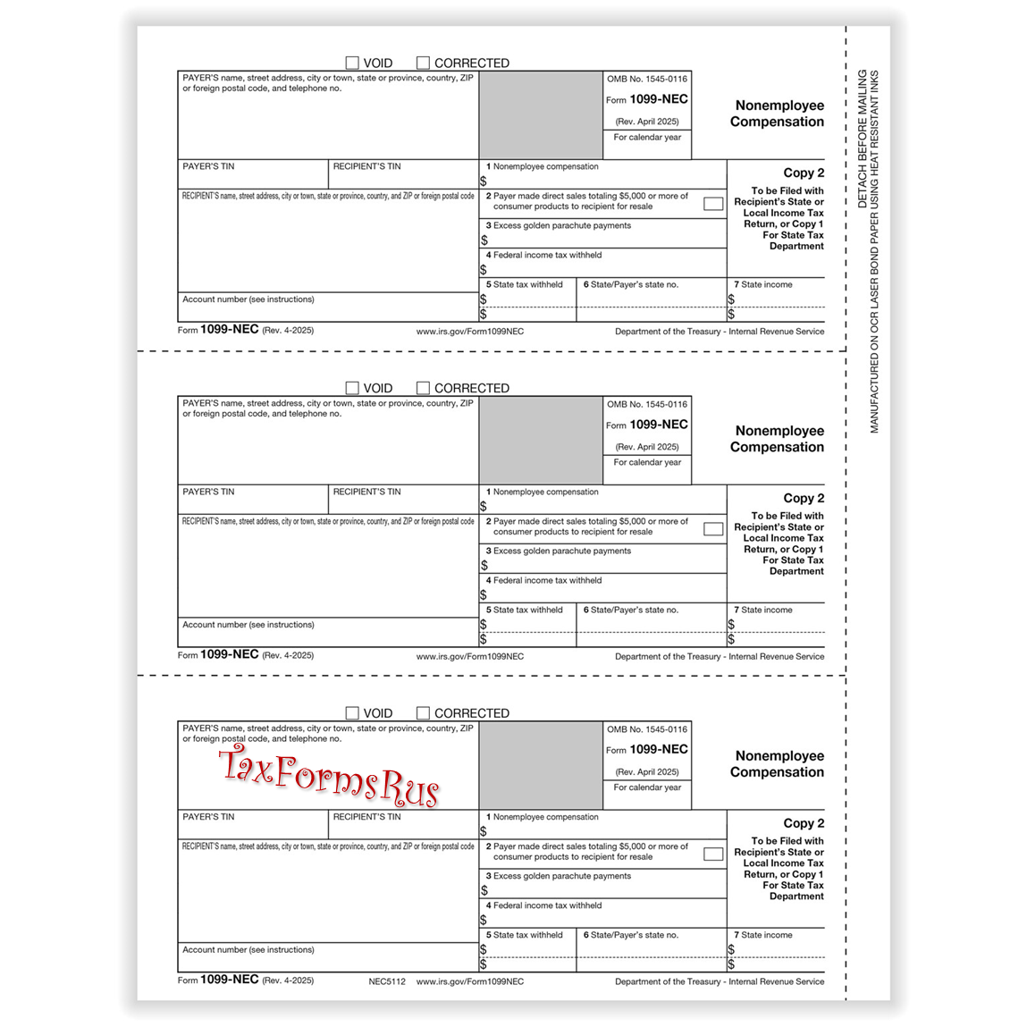 2025 IRS TAX FORMS KIT: 1099-NEC 6 recipients +envelopes + (1)1096 ...