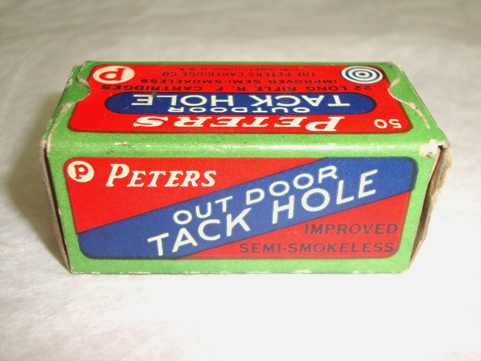 VINTAGE PETERS OUTDOOR TACK HOLE .22 LONG RIFLE R. F. CARTRIDGES BOX ...