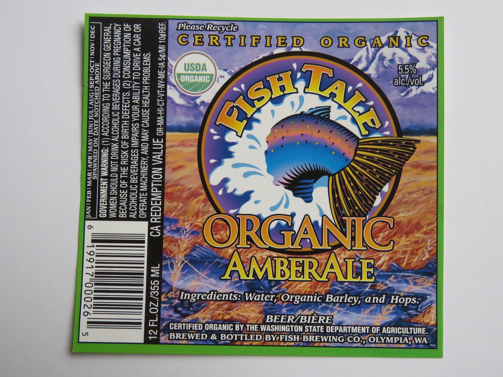 Beer Label ~ FISH Brewing Fish Tale Organic Amber Ale ~ Olympia ...