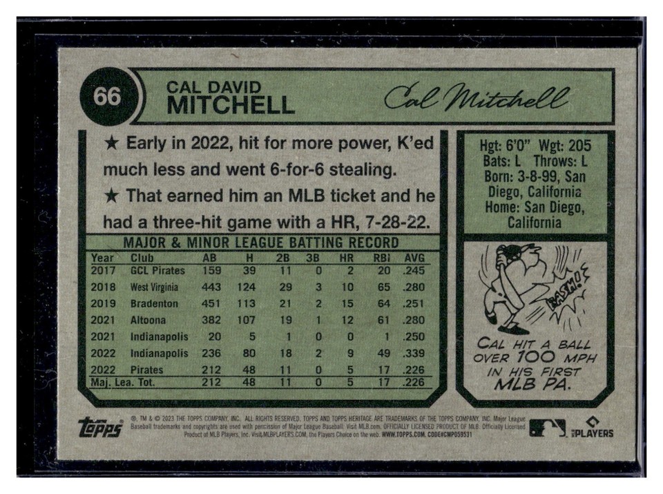 2023 Topps Heritage CAL MITCHELL Rookie RC #66 MLB Baseball PITTSBURGH ...
