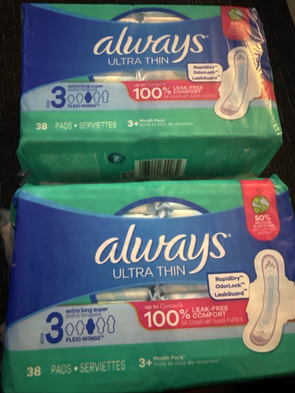 Lot of 2 Always Ultra Thin Maxi Pads Size 3 Extra Long Super Long 76 ...