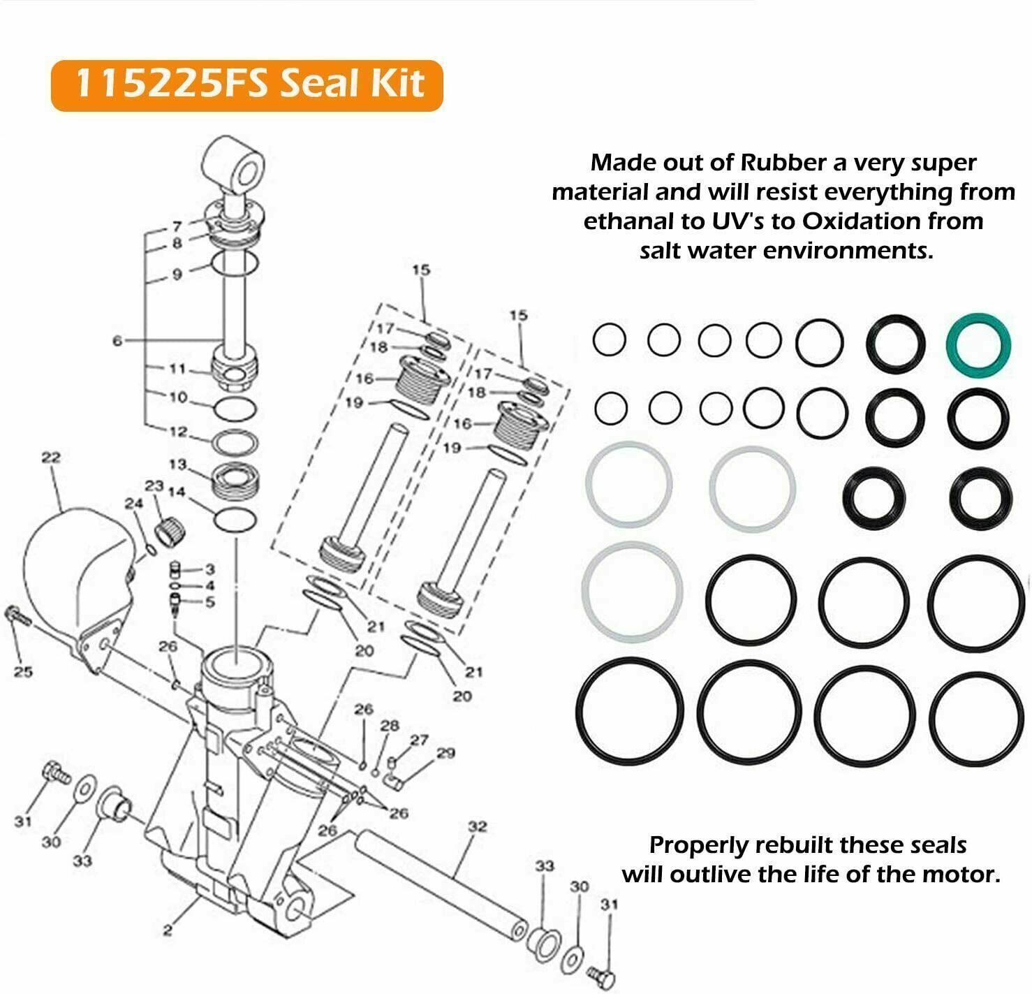 115225FS Power Trim Tilt Seal Kit for Yamaha & Trim Pin Wrench MT0006 ...