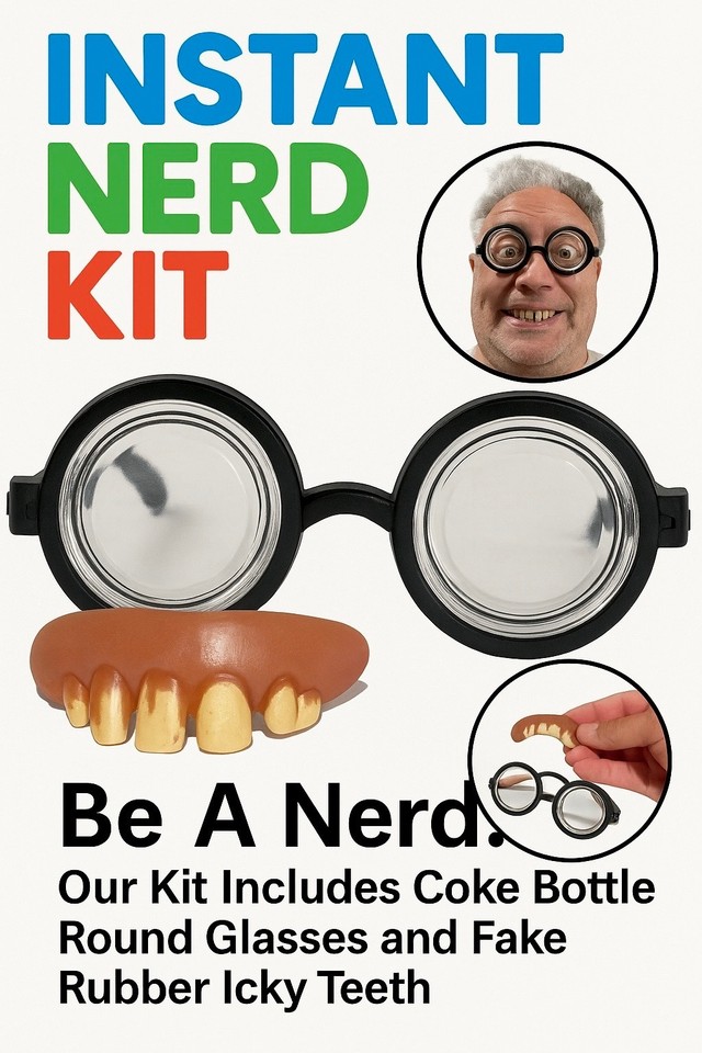 NERD GLASSES + GOOFY TEETH KIT Instant Dork Costume Thick Eye Lenses ...