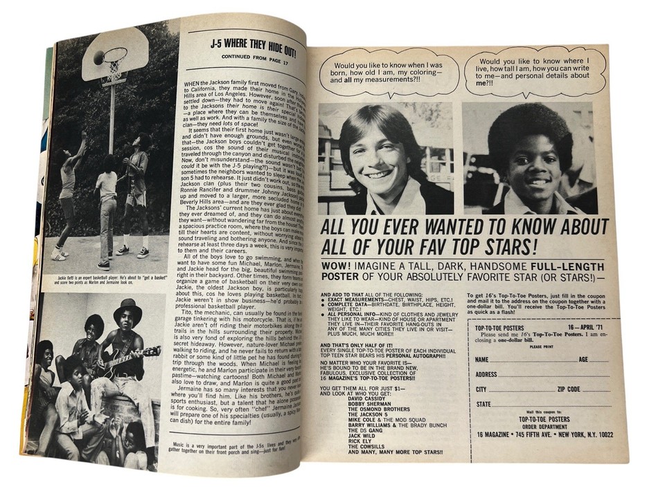 Vintage 16 Magazine APRIL 1971 Michael Jackson 5 BOBBY SHERMAN Osmonds ...