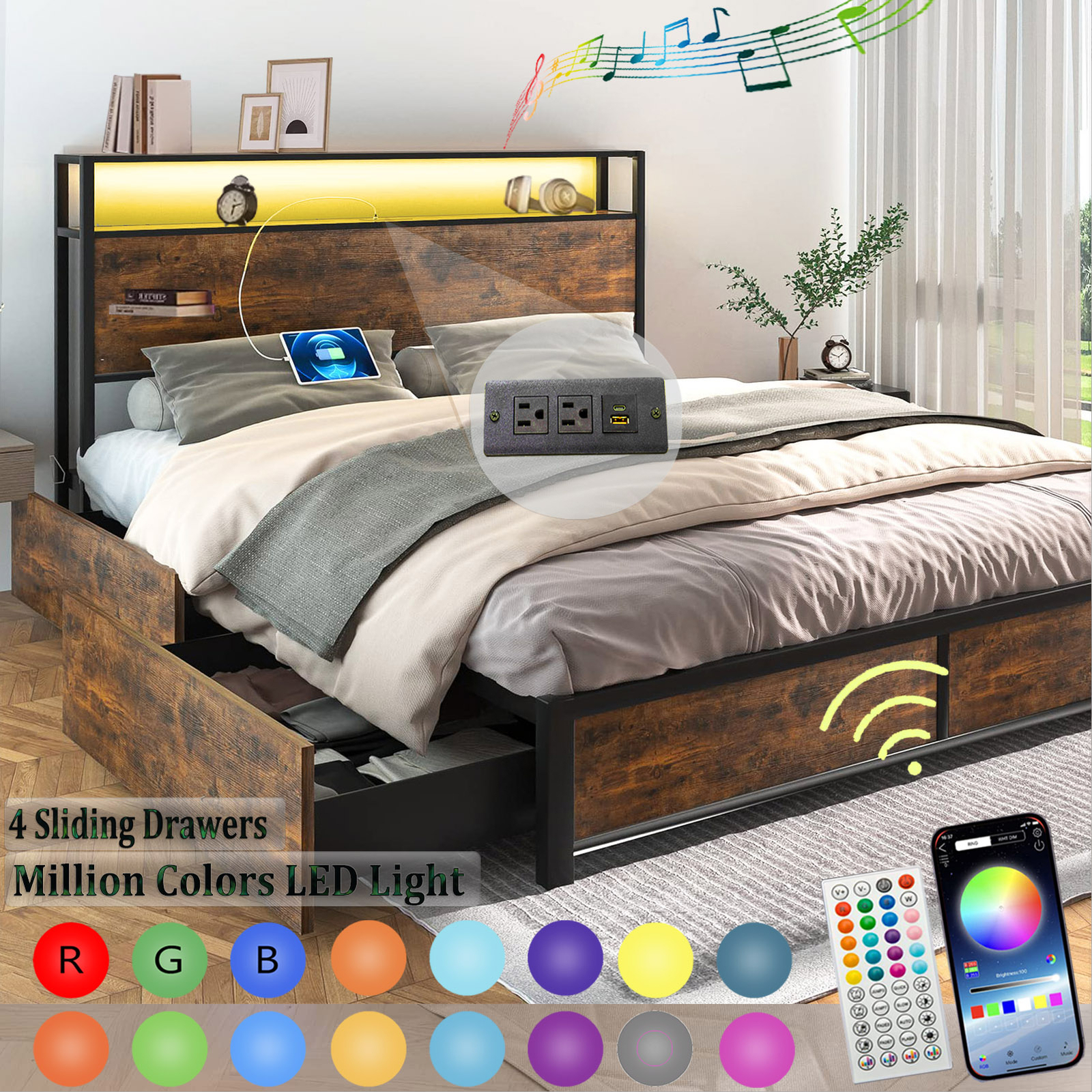 Queen Full Platform Bed Frame LED Light w/ Outlet USB Charging Storage ...