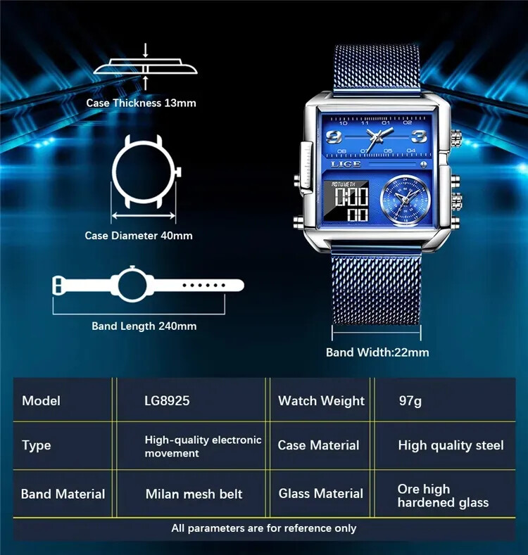 LIGE Men's Gents Wristwatch Large Square Triple Dial Face Mesh Steel ...