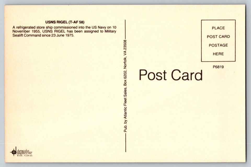 Postcard US Navy Ship - USNS Rigel (T-AF 58) - Refrigerated Store Ship ...
