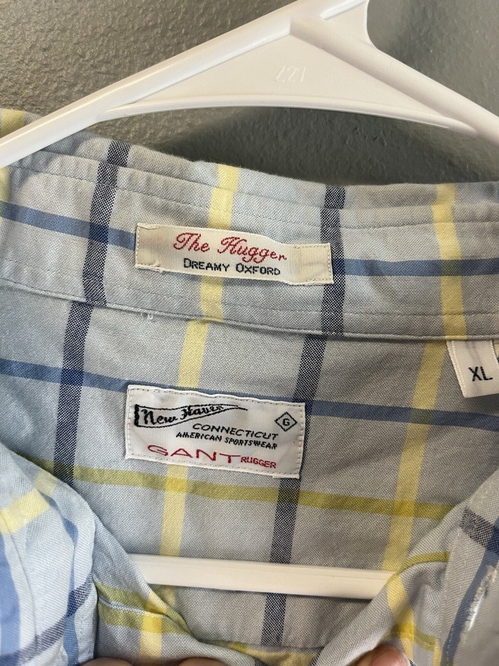 Gant Rugger The Hugger Blue Yellow Checked Dreamy Oxford Size Mens ...