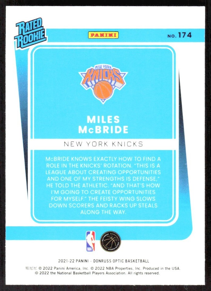 2021-22 4909A Donruss Optic RATED ROOKIE Miles McBride Rookie New York ...