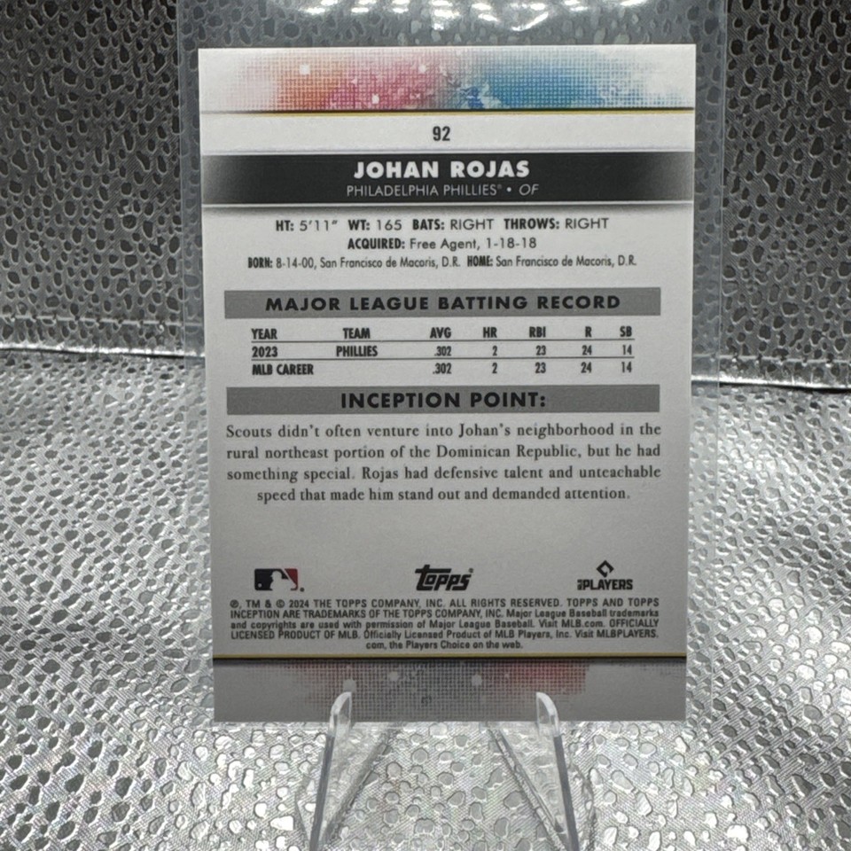 Johan Rojas 2024 Topps Inception Base Rookie Philadelphia Phillies #92 ...
