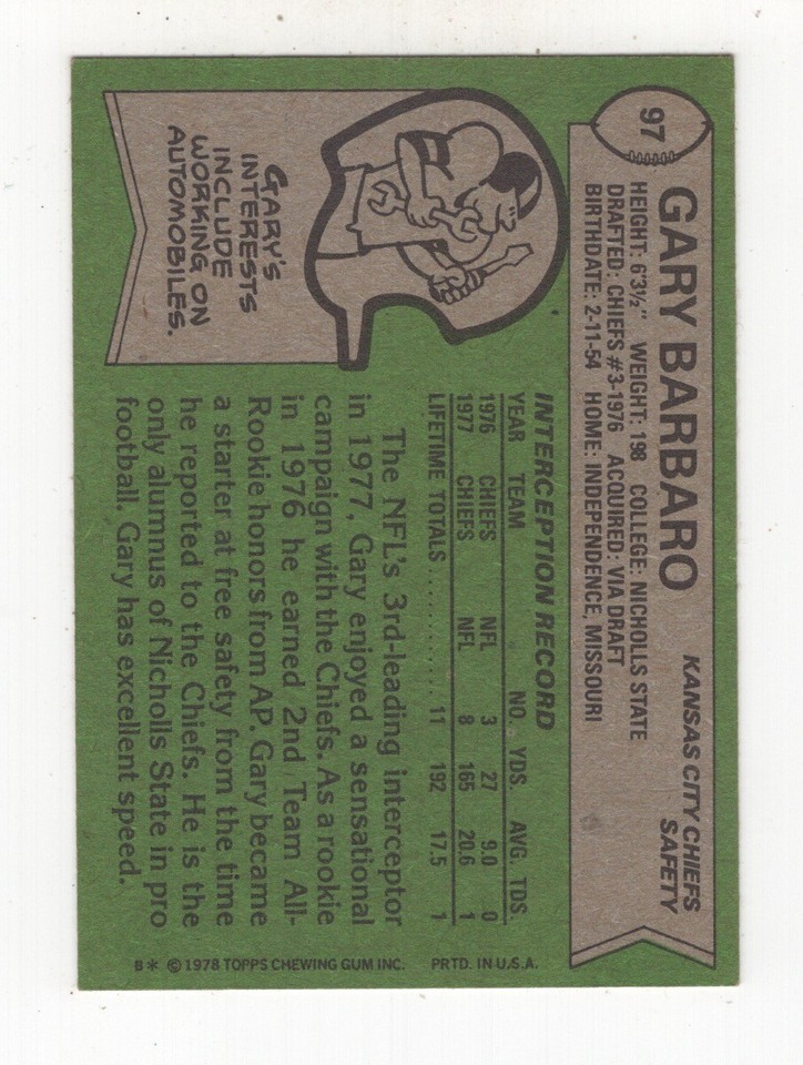1978 TOPPS FOOTBALL ROOKIE GARY BARBARO KANSAS CITY CHIEFS #97 | eBay