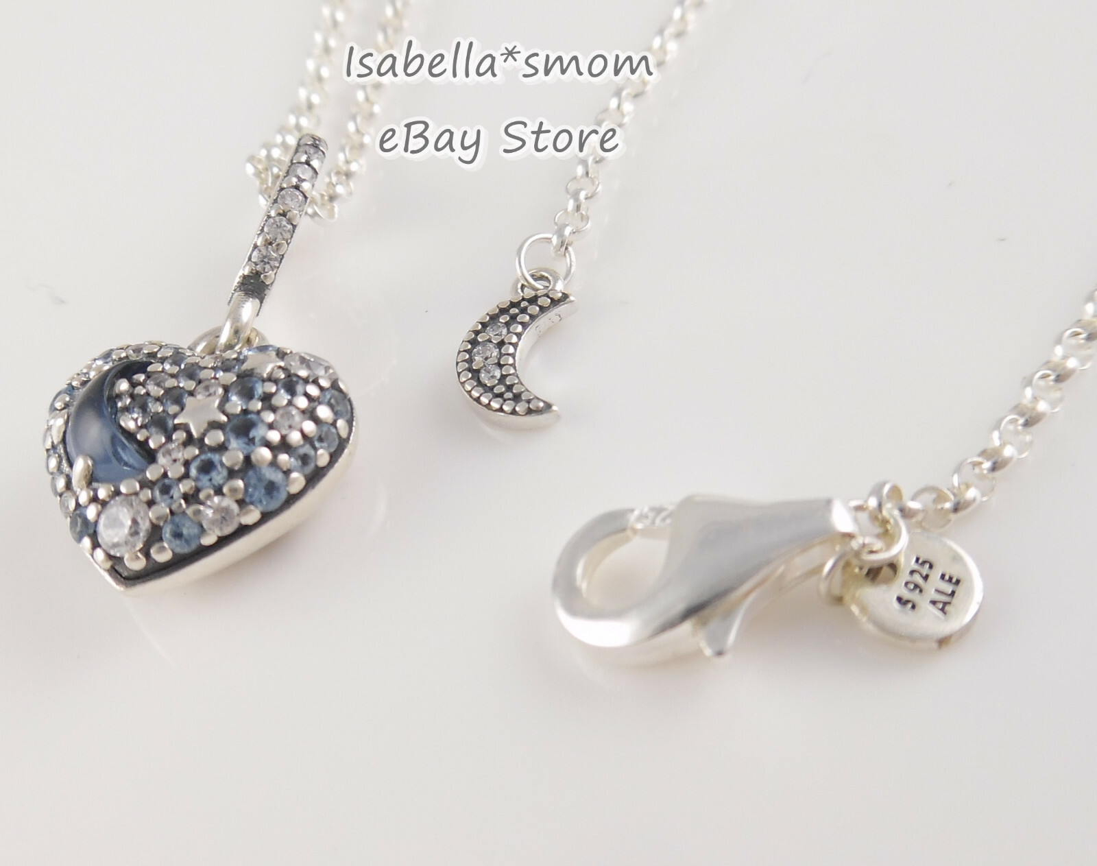 SPARKLING BLUE MOON & STARS Authentic PANDORA Heart NECKLACE 399232C01 ...