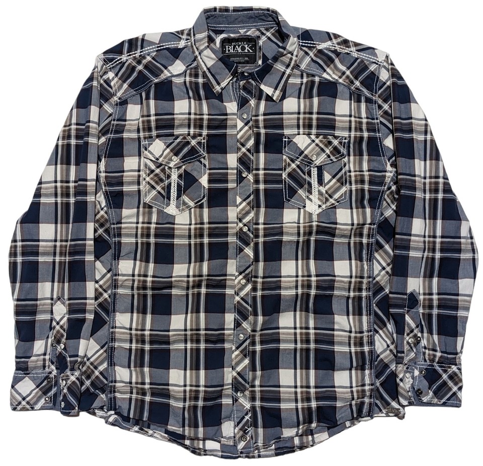 Buckle Black Pearl Snap Western Shirt Men's 2XL Long Sleeve Blue White ...